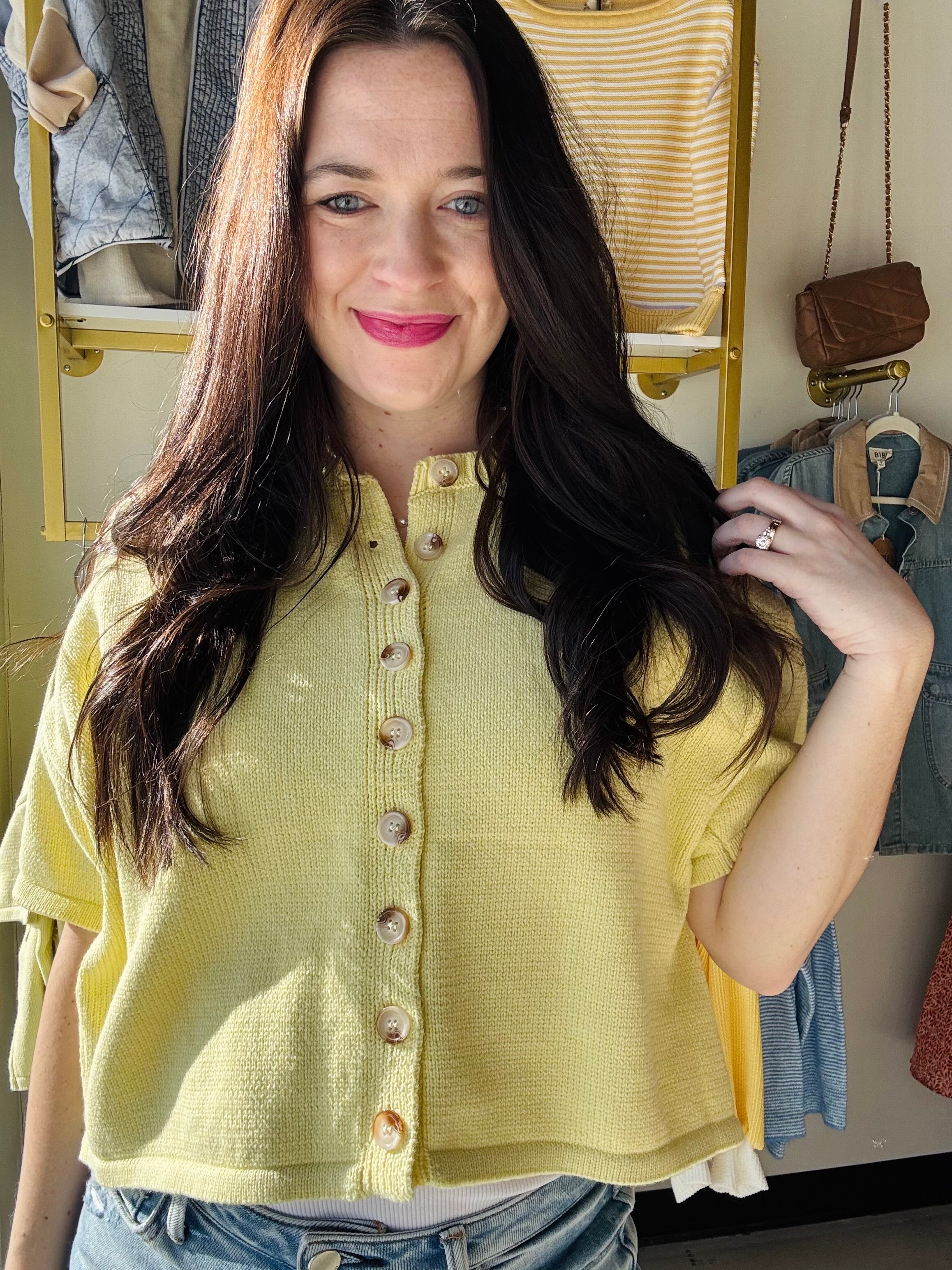 Lemon Button Up Half Sleeve Sweater – White Giraffe Boutique