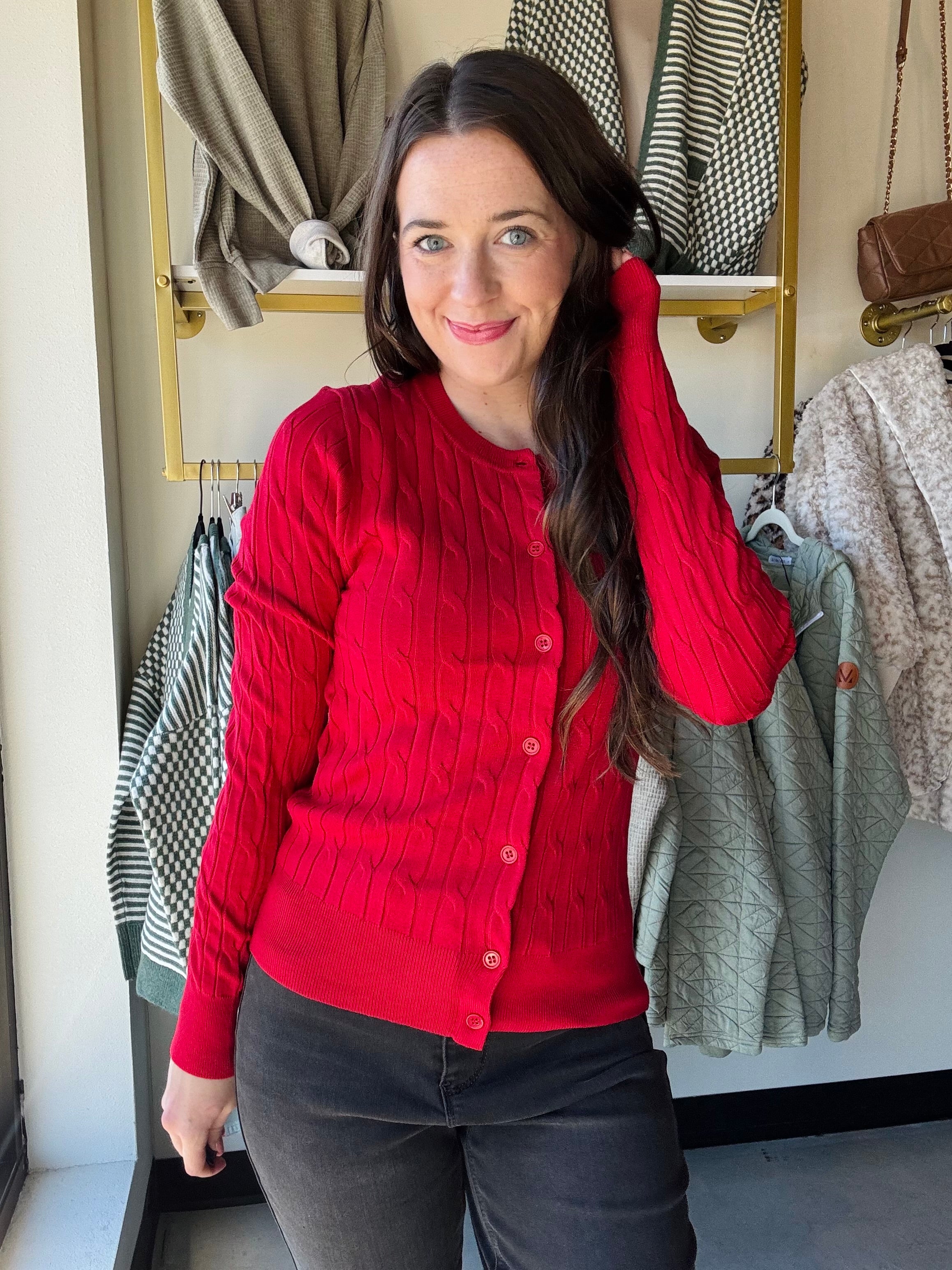 Red Button Up Cable Knit Cardigan – White Giraffe Boutique